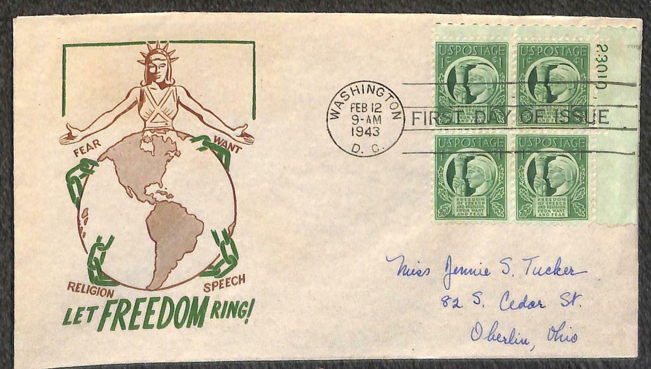 USA Scott #908 Plate Block of 4 Stamps WW2 FDC First DAY Cover 1943 ...
