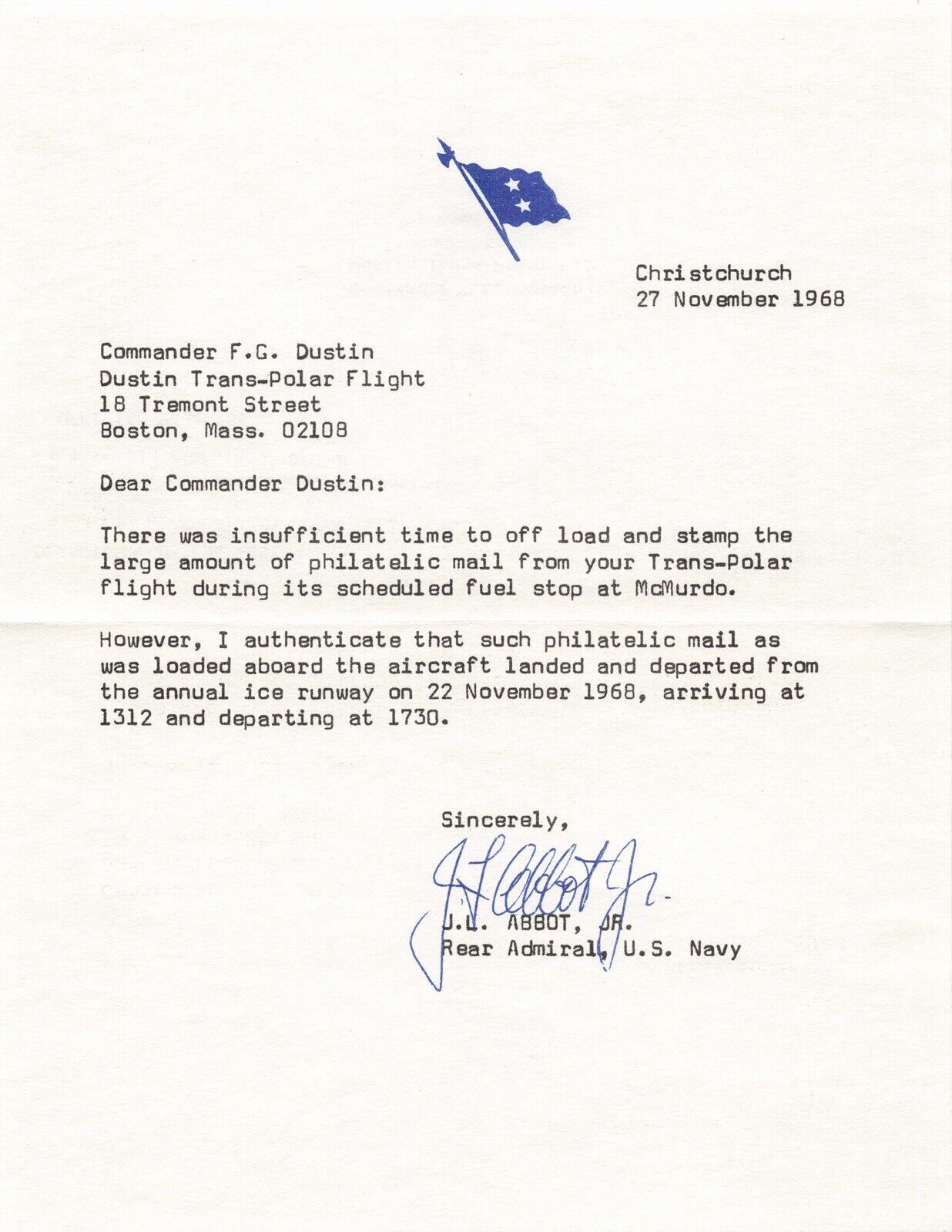 United States 1968 Dustin Trans-Polar Flight Commemorative Cover ...