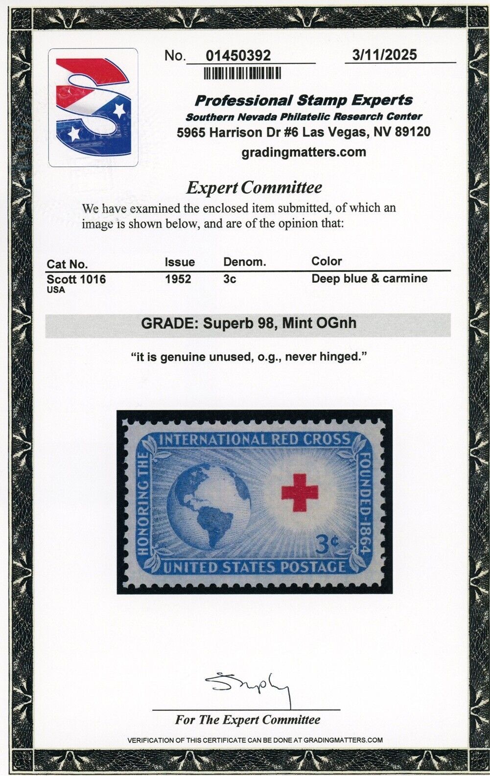 US Stamp #1016 International Red Cross 3c - PSE Cert - SUP 98 - MNH ...