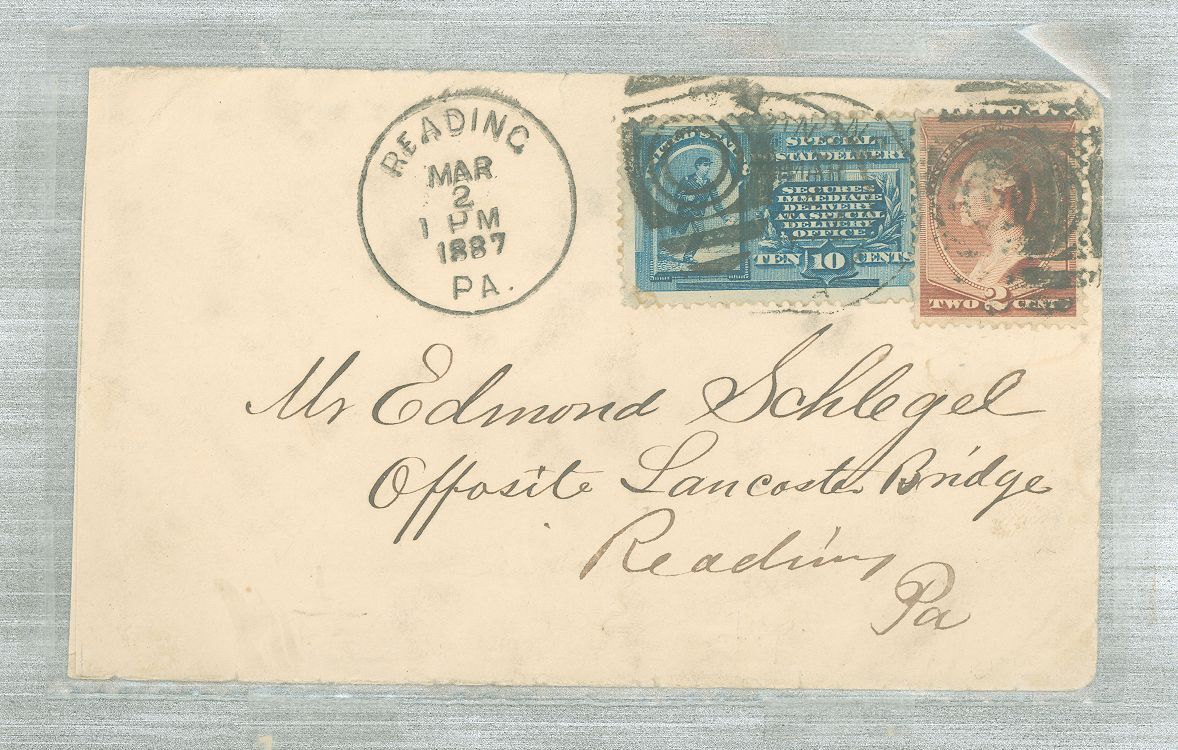 US E1 clean in town spec delivery cvr Reading PA Mar 2, 1887 good mgns ...