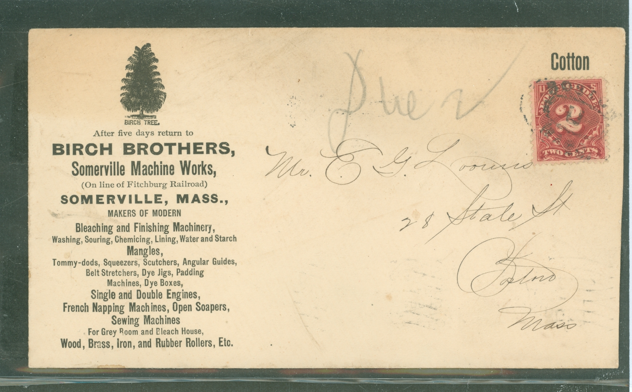 US J39 Marked "Duez" w/2c post due stamp added - back side stained ...
