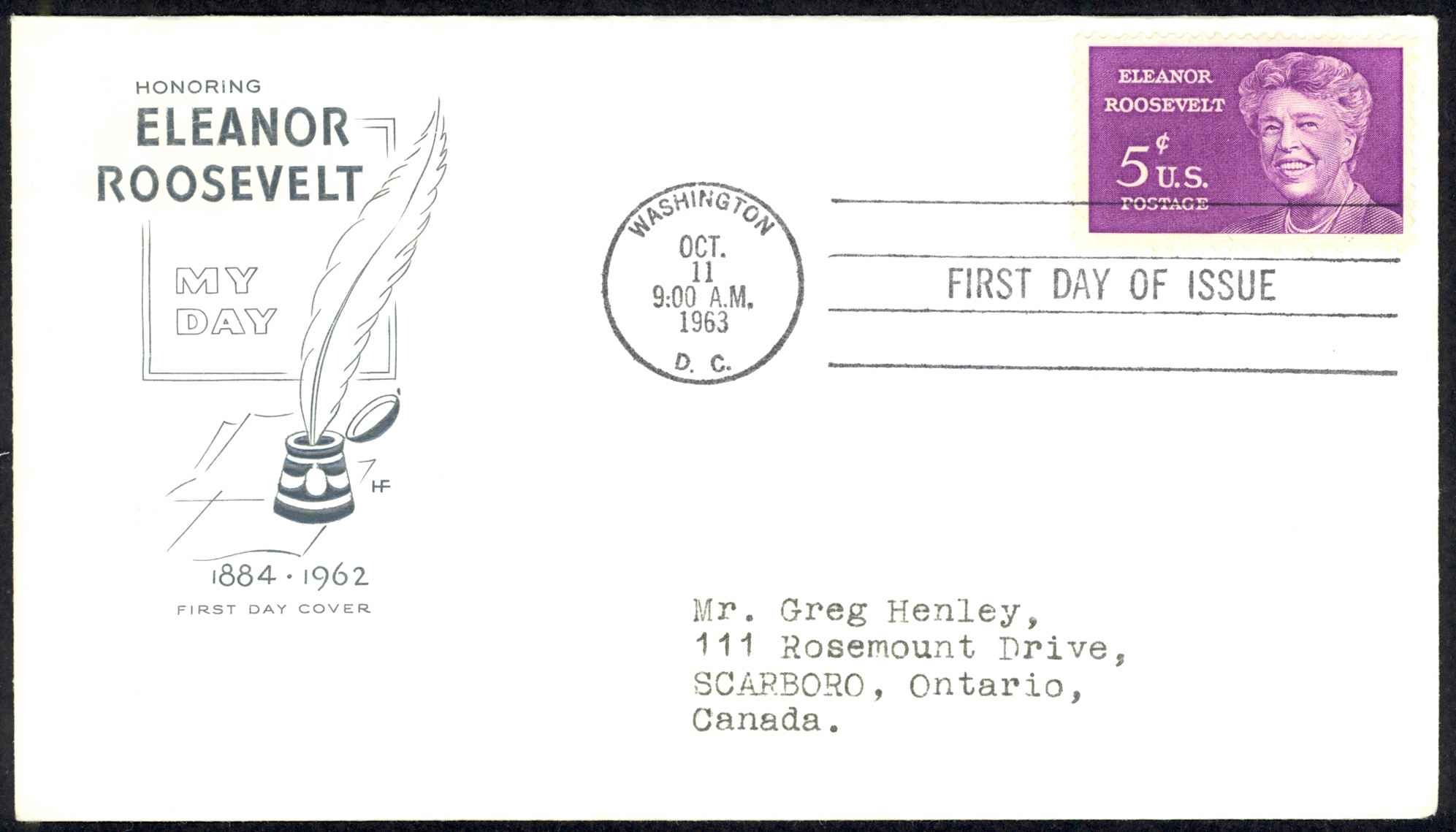USA Sc# 1236 (House of Farman) FDC (b) Washington, DC 1963 Eleanor ...