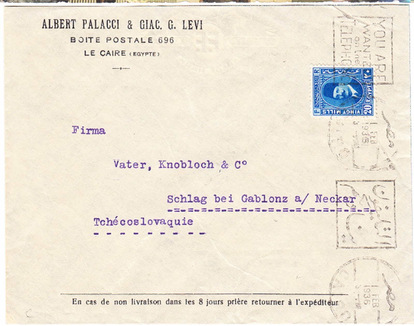 JUDAICA Egypt cover Cairo, 1 Feb. 1936 - from Albert Palacci & Giac G ...