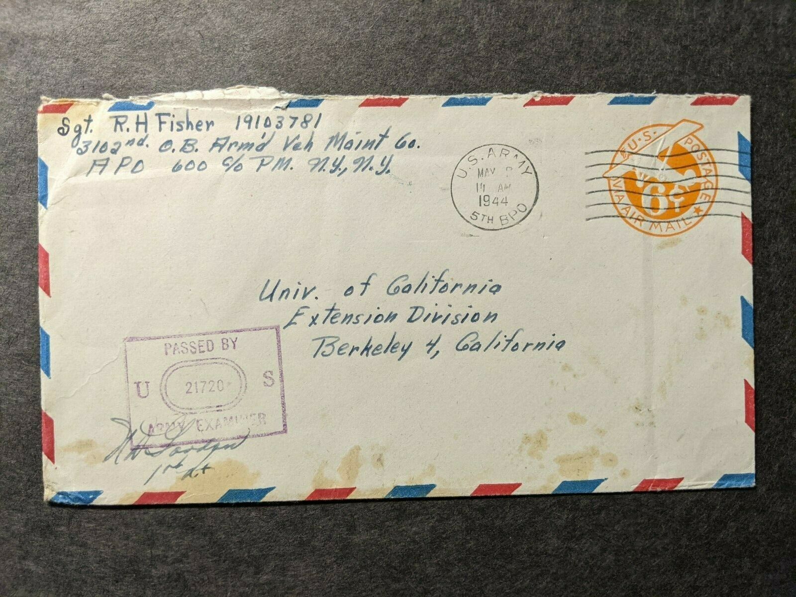 APO 600 ORAN, ALGERIA 1944 Censored WWII Army Cover 3102nd OB ARMORED ...