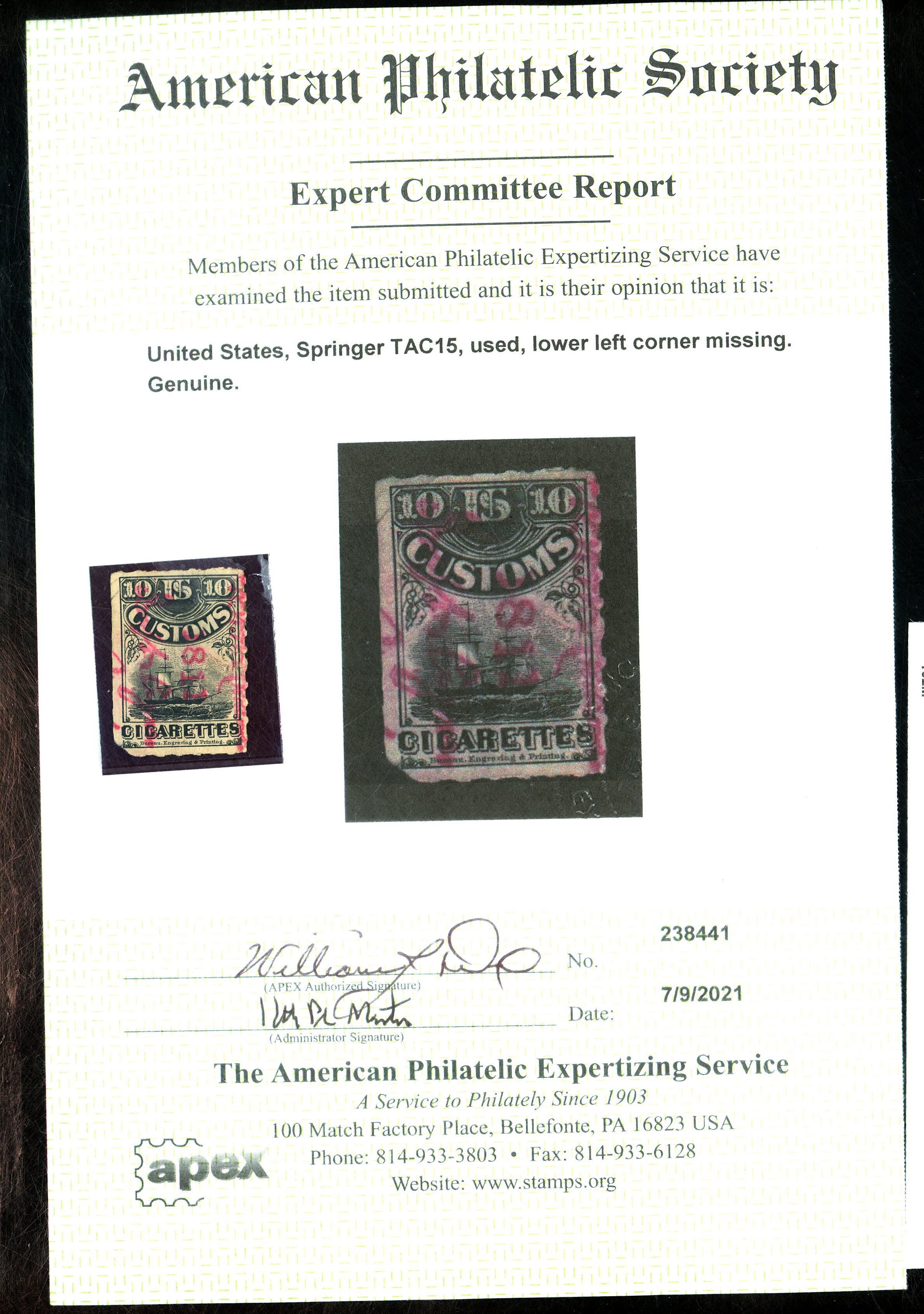 US Springer Tac15 Used APS Cert Left Corner Missing | United States ...