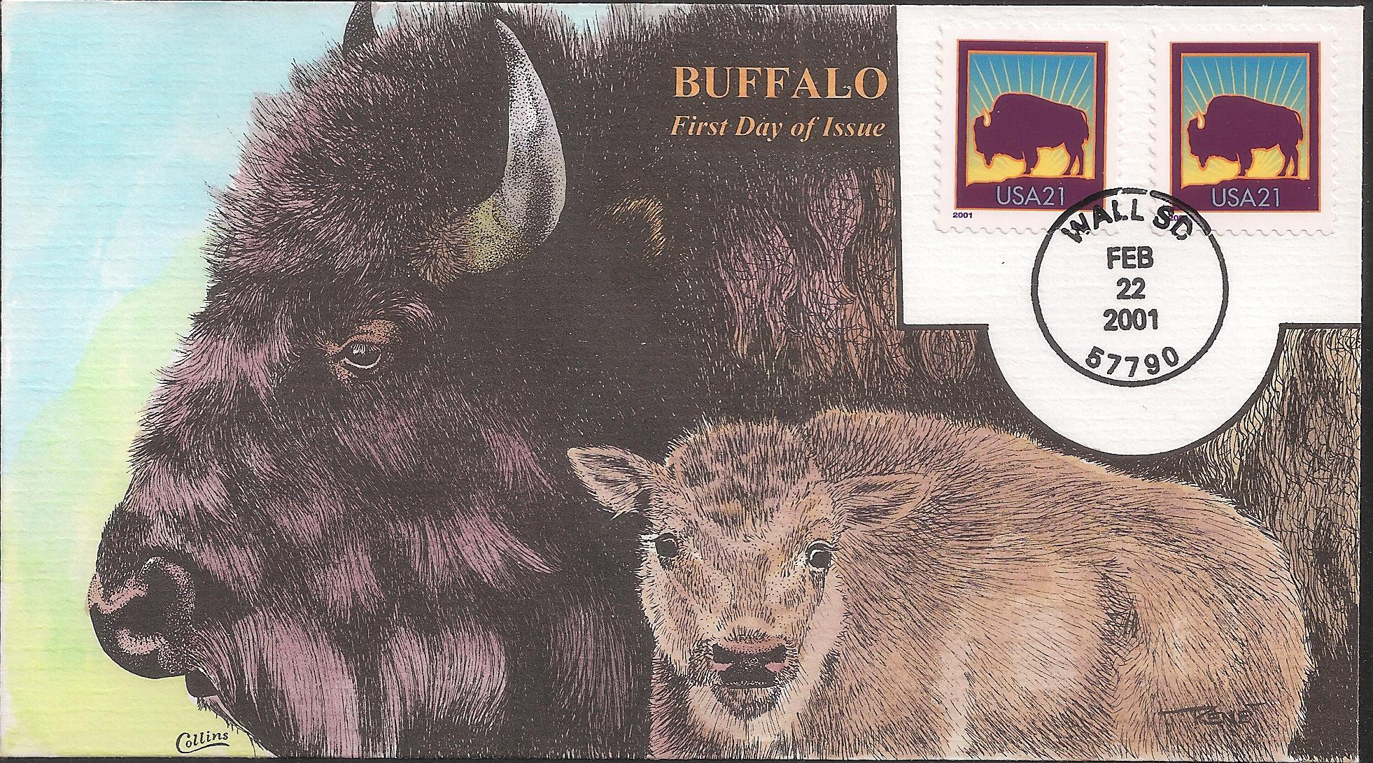 Fred Collins Hand Painted FDC for the 2001 21c Bison Die Cut Sheet ...