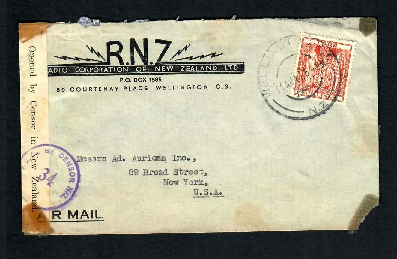 CF5hi Cover New Zealand- NY Censor Stamp BOB Duty Coat of Arms 4 Sh ...