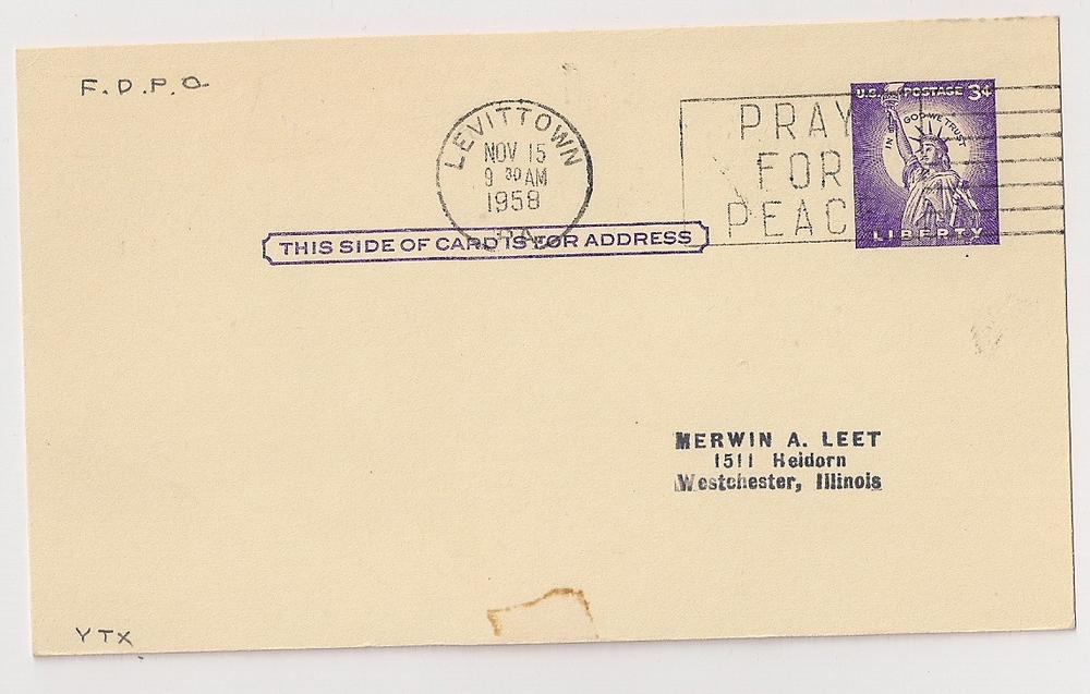 3c Postal Card #UX46 w 1958 LEVITTOWN PA cnl First Day of PO | United ...