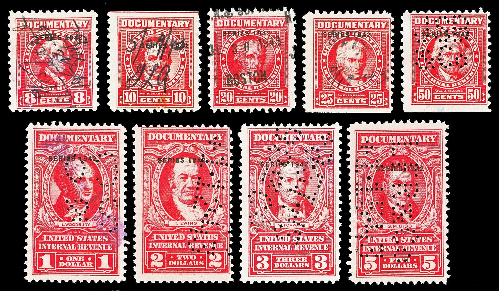 Scott R386//R403 1944 1c-$10.00 Dated Red Documentary Revenues Used F ...
