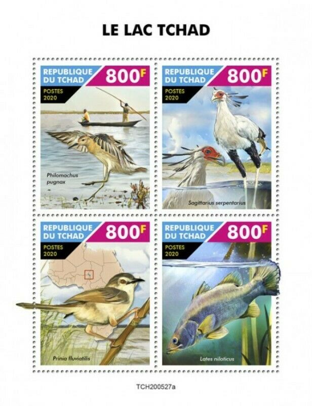 Chad - 2020 Lake Chad, Secretarybird, Perch - 4 Stamp Sheet ...