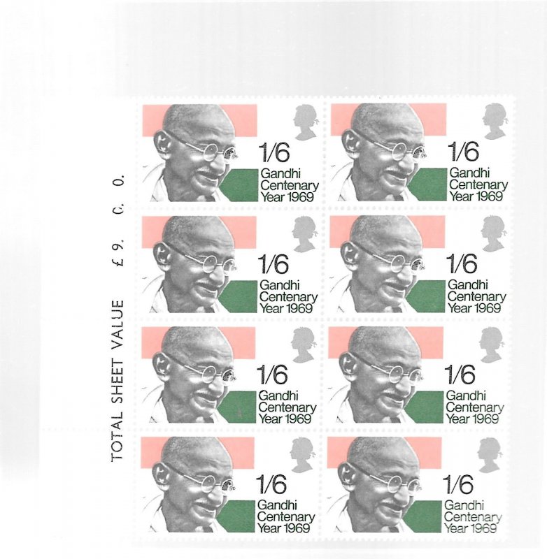 Great Britain Mint Stamps, Gandhi, left margin block of 8 | Great ...
