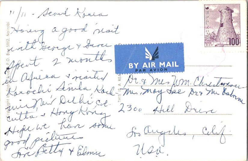 Korea 100h Kyongiu Observatory c1957 PPC Airmail to Los Angeles, Calif ...