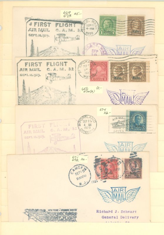 US 656/669-674 On 4 First Flight covers, most with multiple franking ...