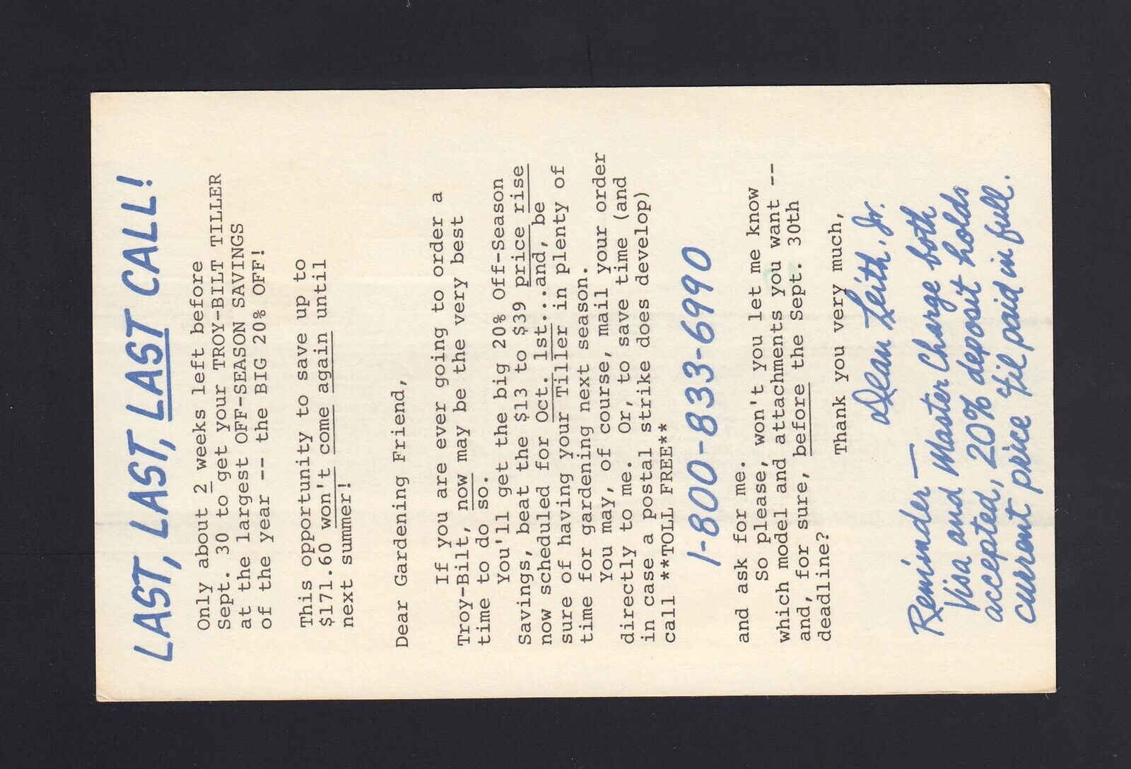 UX72, UPSS #S89 9c Postal Card - TROY BUILT - PRESORTED FIRST CLASS ...