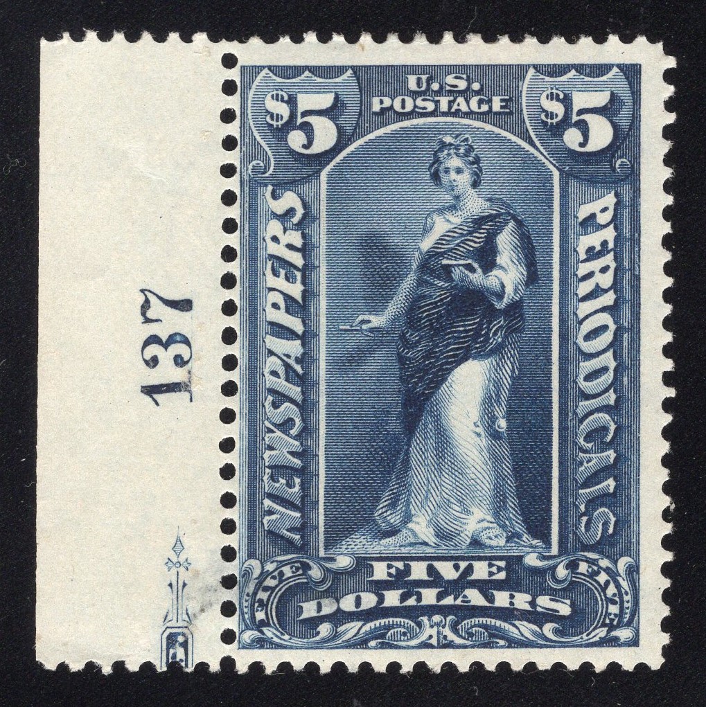 PR121 Dark Blue - $5.00 Newspaper Stamp - Plate Number Margin Single ...
