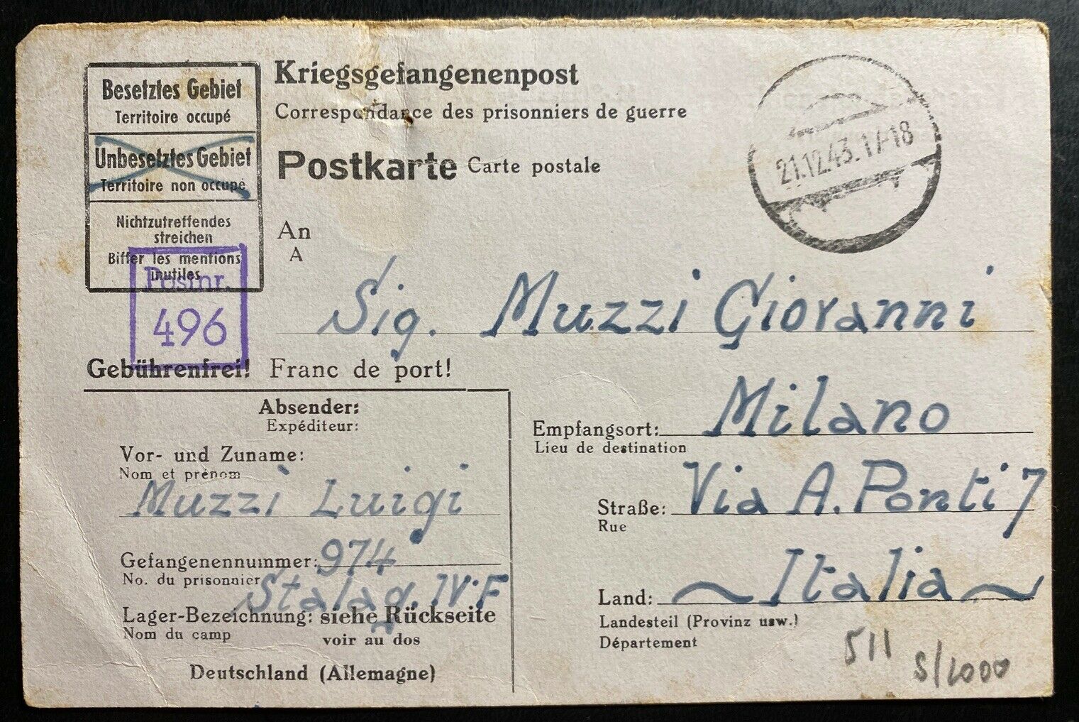 1943 Germany Stalag 4F POW Prisoner of War Postcard Cover To Milano ...