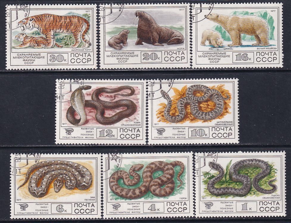 Russia 1977 Sc 4626-33 Venomous Snakes Polar Bear Cub Walrus Tiger ...
