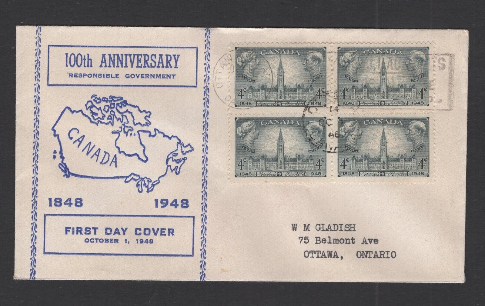 Canada #277 blk (1948 Responsible Government issue) addressed Un G ...
