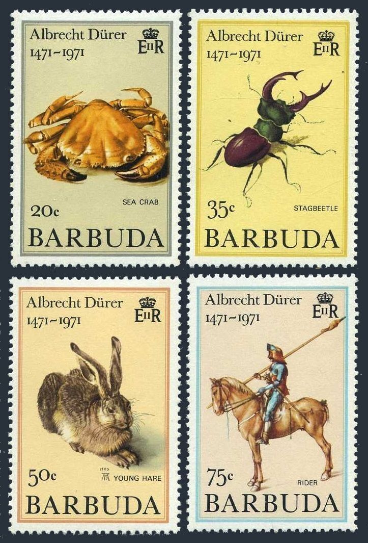Barbuda 102 note set of 4,MNH. Albrecht Durrer,1972.Sea crab,Stag ...