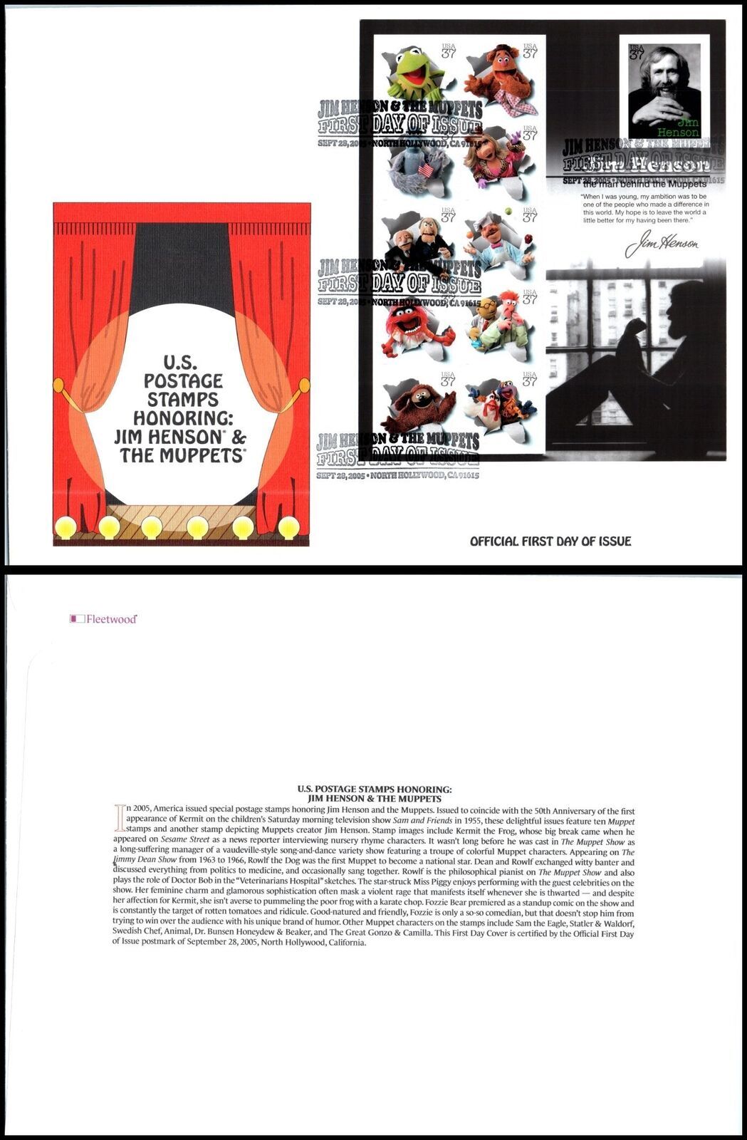 2005 Muppets Jim Henson sheet 10 designs Sc 3944 FDC with jumbo ...