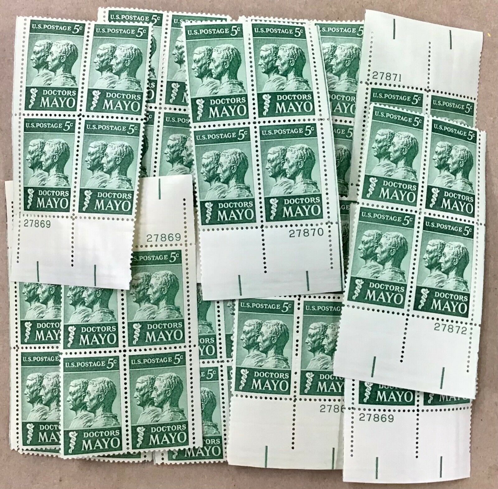 1251 Doctors William and Charles Mayo. 25 MNH 5 cent plate blocks. In ...