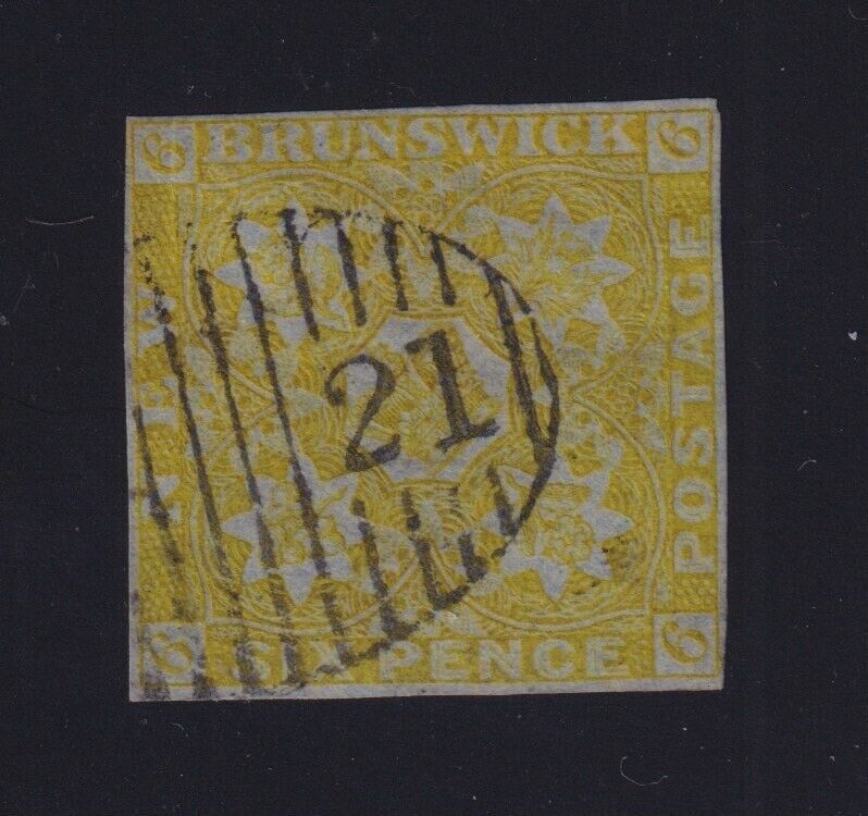 New Brunswick Sc #2d (1851) 6d mustard yellow Heraldic "21" Grid Used w ...