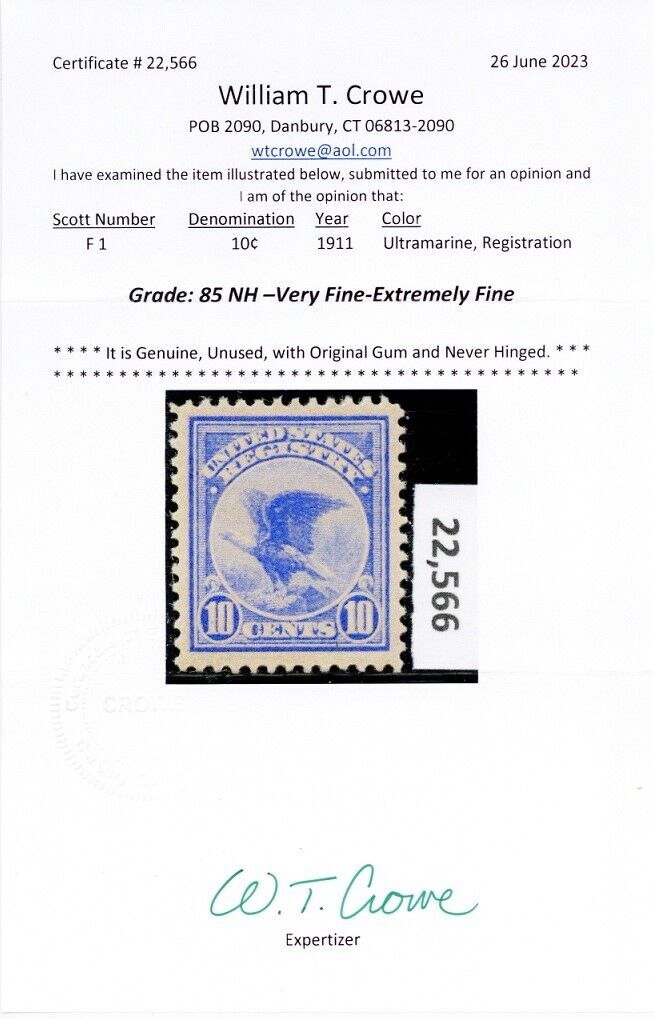 F1, Mint VF/XF NH 10¢ Registry Stamp With Certificate * Stuart Katz ...