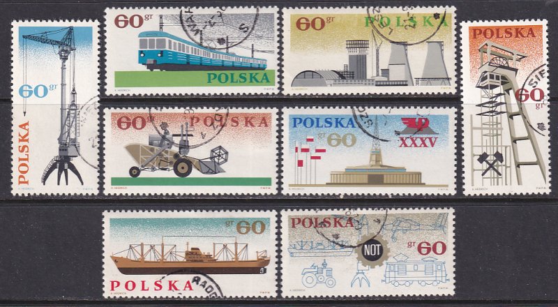 Poland 1966 Sc 1387-94 Combine Ship Train Power Plant Crane Industry ...