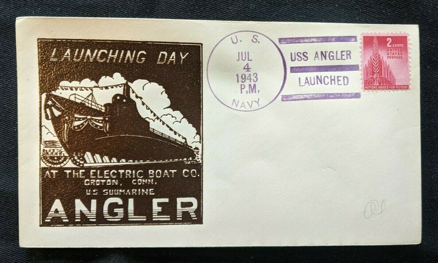 1943 USS Angler Launched US Navy Submarine Cover Electric Boat Company ...