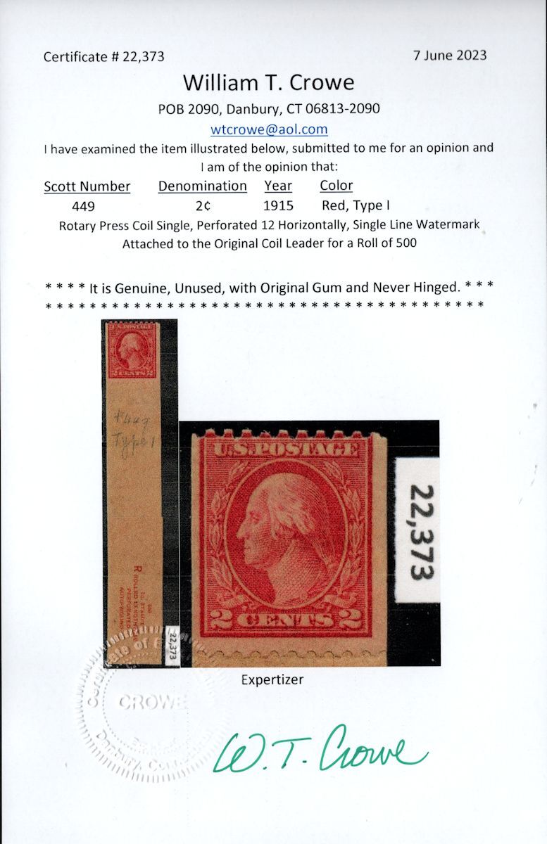 449 Fine OG NH, w/CROWE (06/23) CERT, a very ..MORE.. gg3314 | United ...