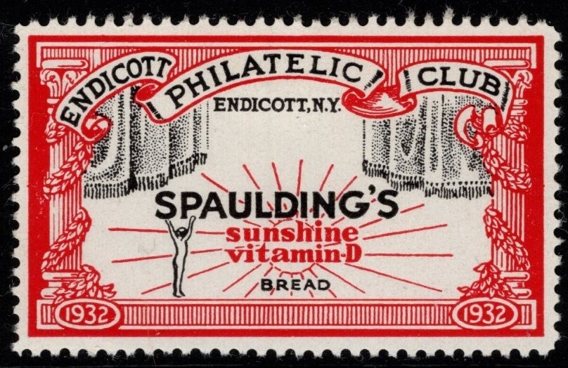 1932 US Poster Stamp Endicott Philatelic Club Spaulding's Sunshine Vit ...