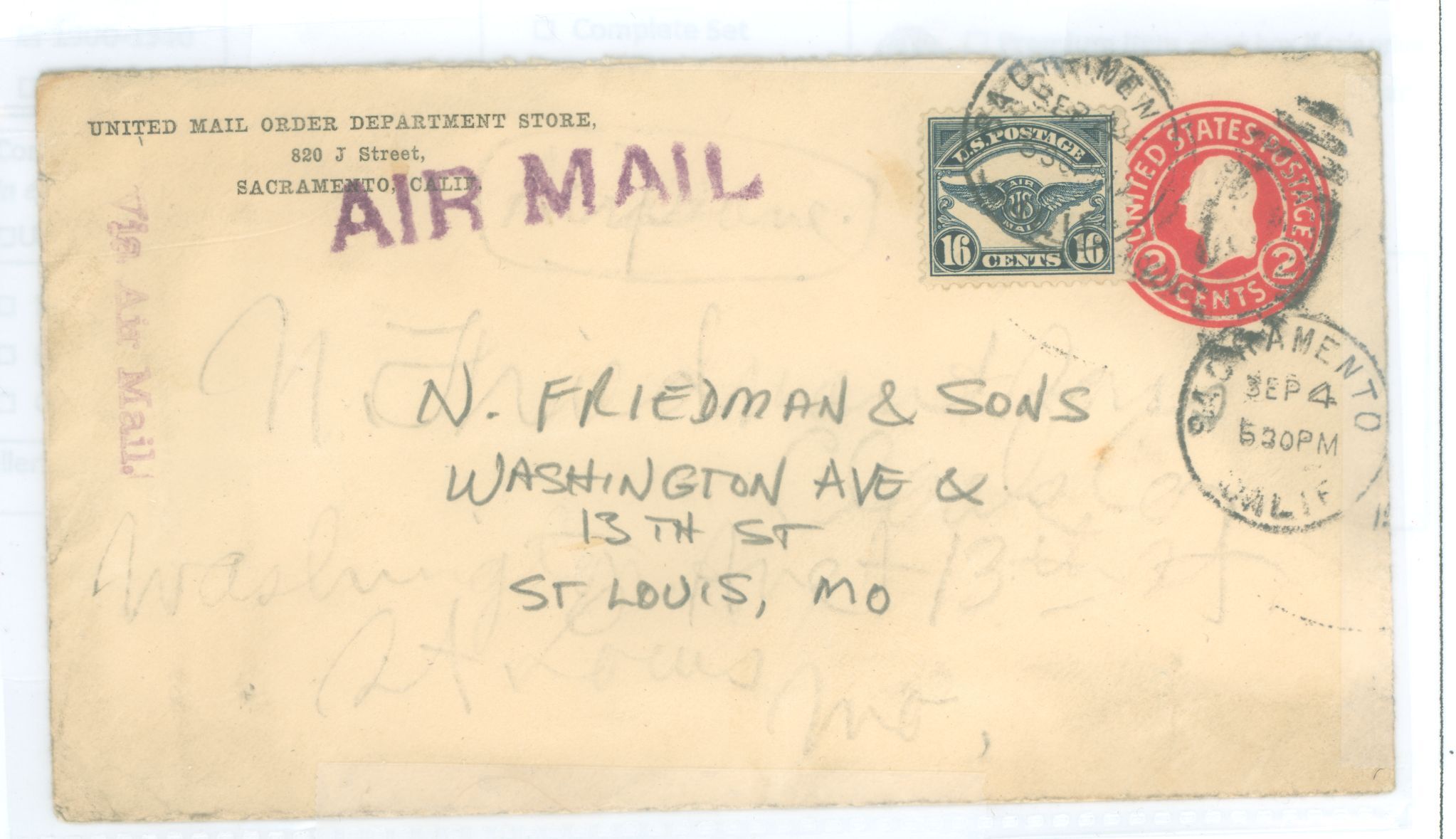 US C5/U429 C5 tied to U429 envelope, Sacramento, CA to St. Louis, MO ...
