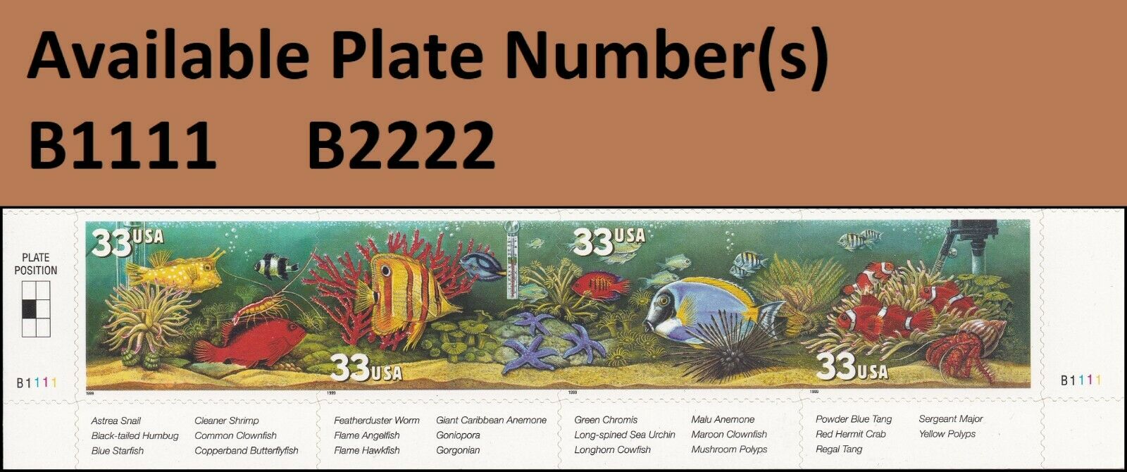 US 3317-3320 3320b Aquarium Fish 33c plate strip L (4 stamps) MNH 1999 ...