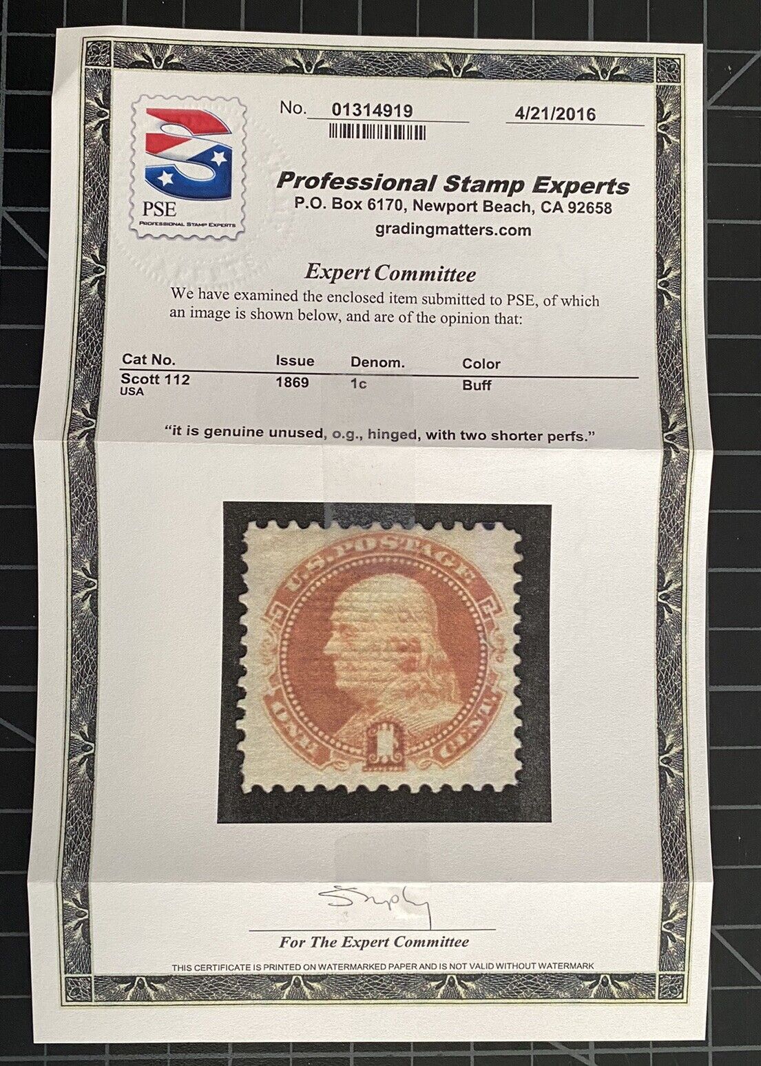 US Stamps - SC#112 - MOGH - 2 Short Perforations - With PSE Cert - SCV ...