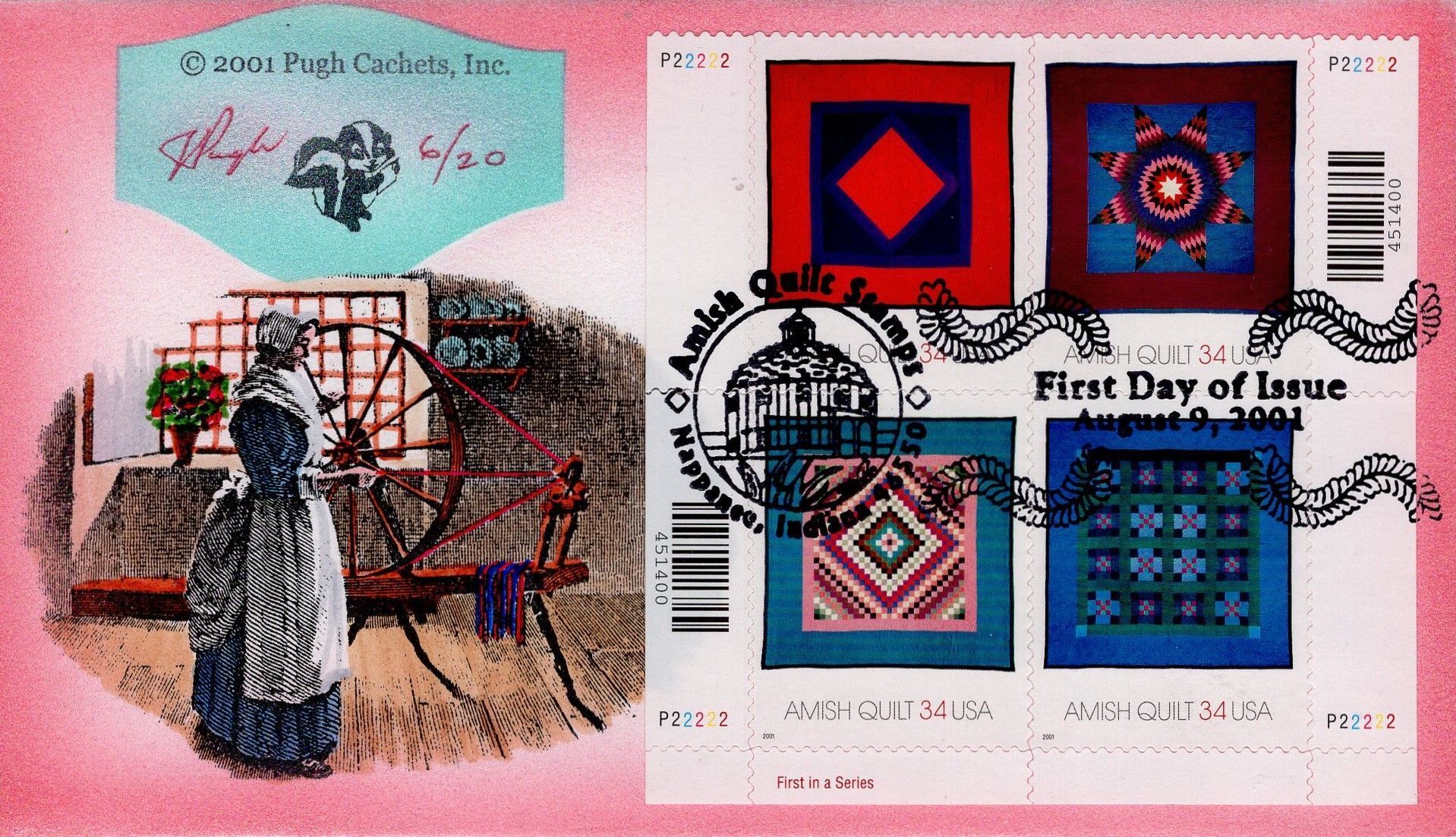 Julian Pugh Hand Painted Combo FDC for the 2001 34c Amish Quilts Stamps ...