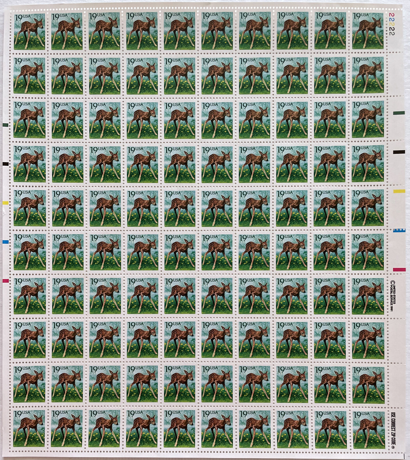 Scott 2479 FAWN Sheet of 100 US 19¢ Stamps MNH 1991 | United States ...