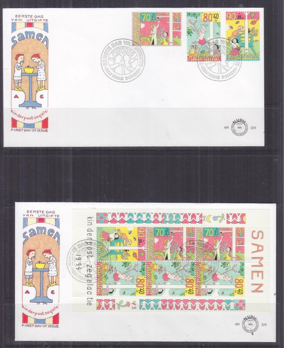 NETHERLANDS, 1994 Child Welfare set of 3 & Souvenir Sheet, First Day ...