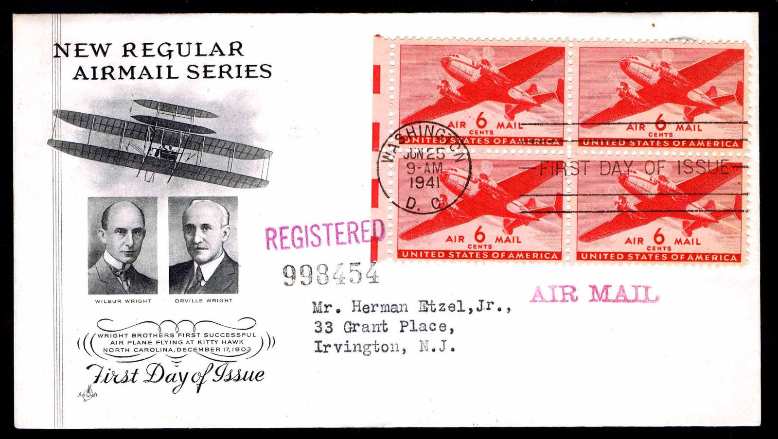 1941 U.S. C25 FIRST DAY OF ISSUE - 6c AIRMAIL STAMP - REGISTERED (ESP ...