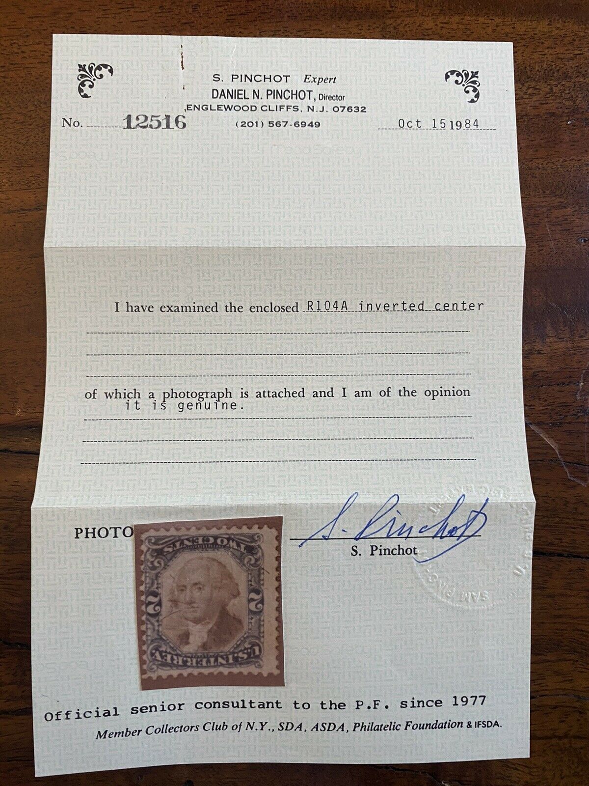R104A Inverted Revenue Stamp No Gum Rare W/ Pinchot COA | United States ...