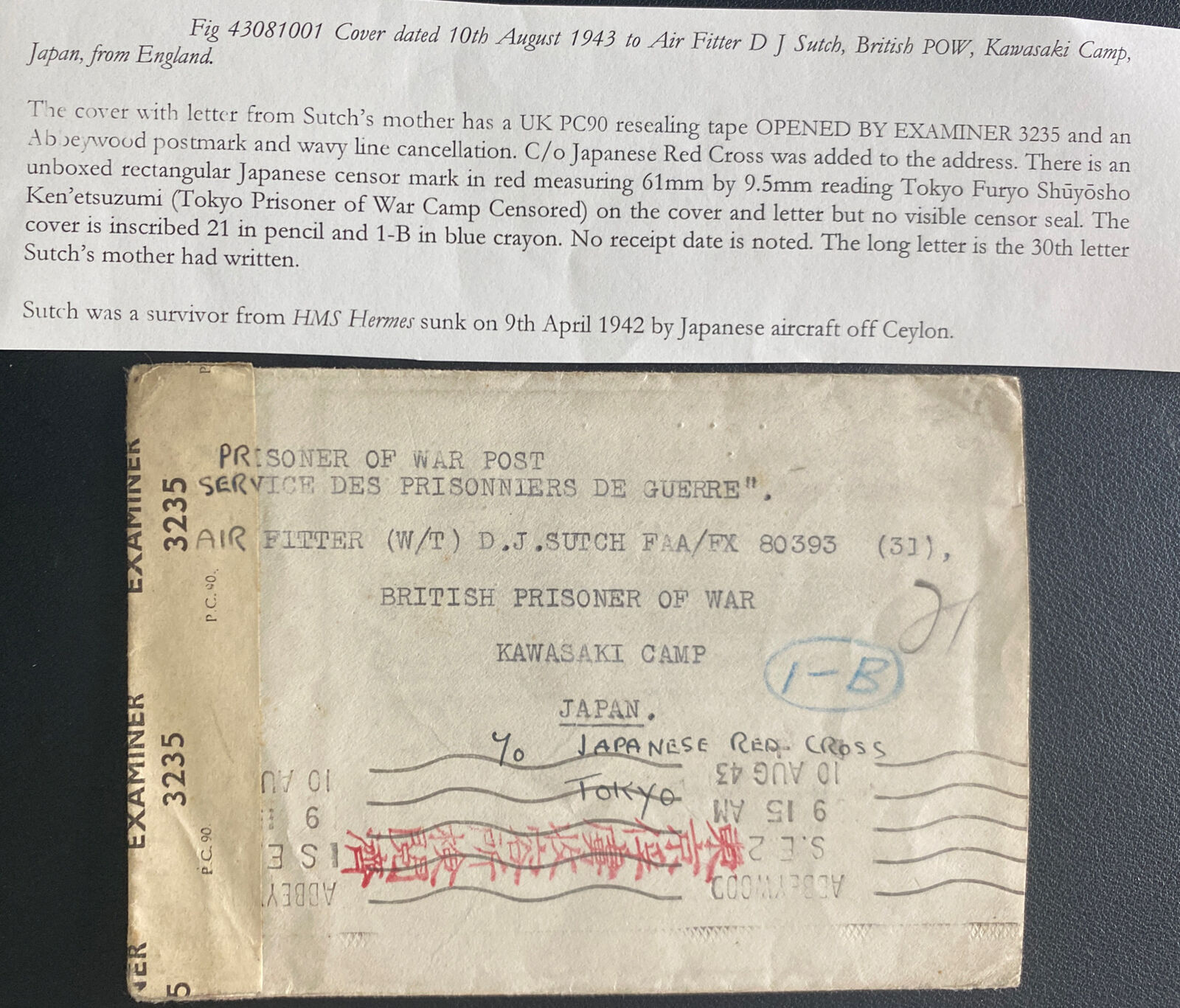 1943 London England Censored Cover To POW Prisoner Of War Kawasaki Camp ...