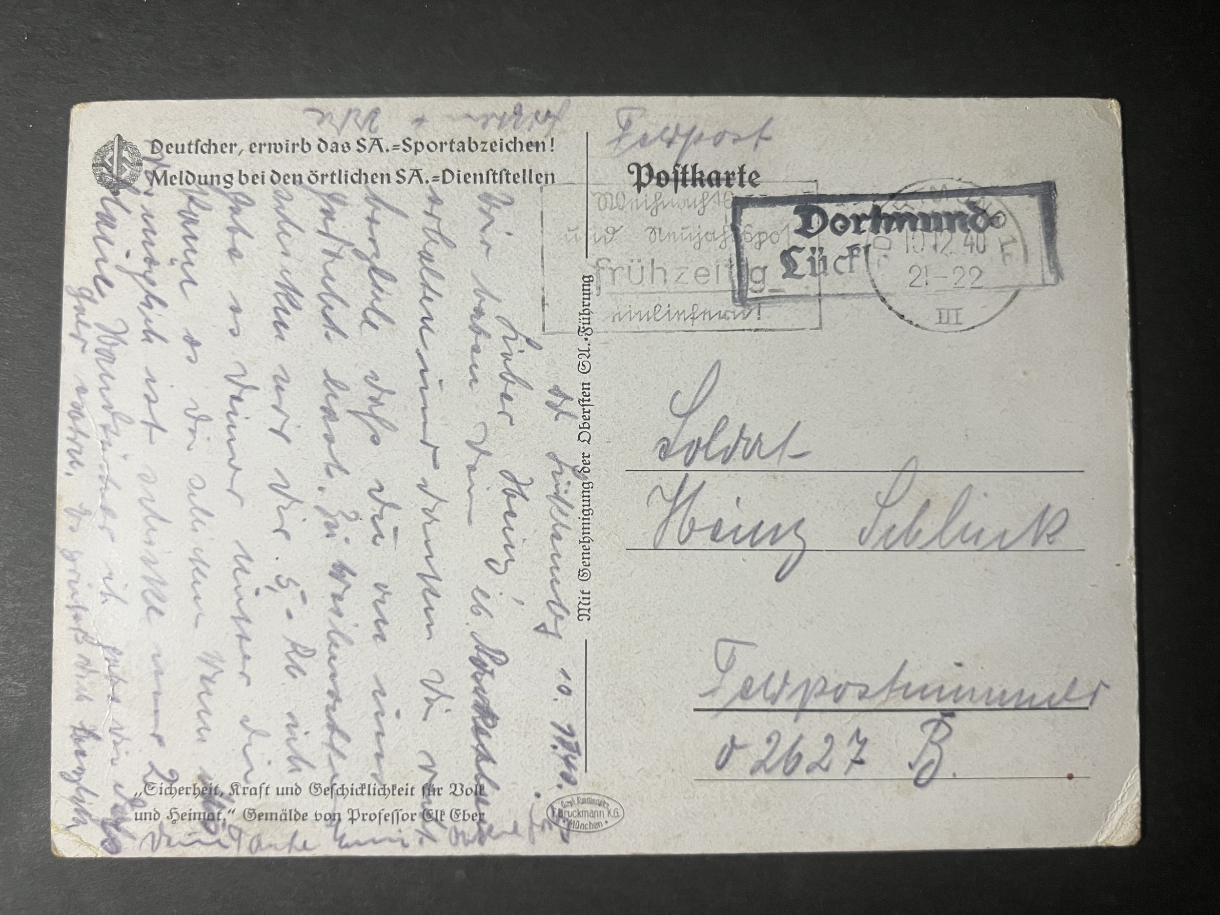1940 Nazi Germany Postcard Cover Dortmund to Heinz SA SS Soldier ...