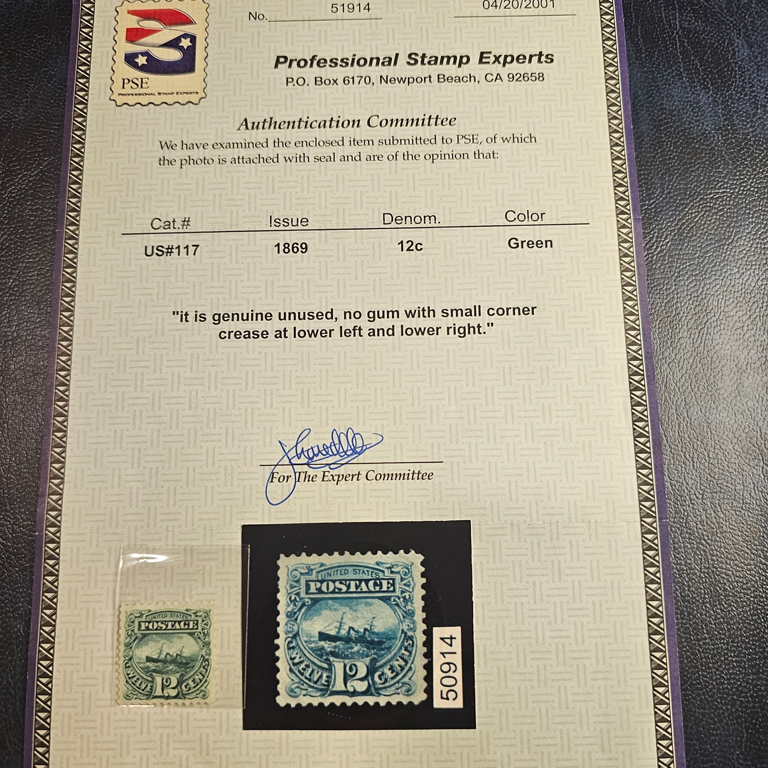 117 US 1869 12cent unused stamp with no gum & Cert. CSV 1050.00 ...