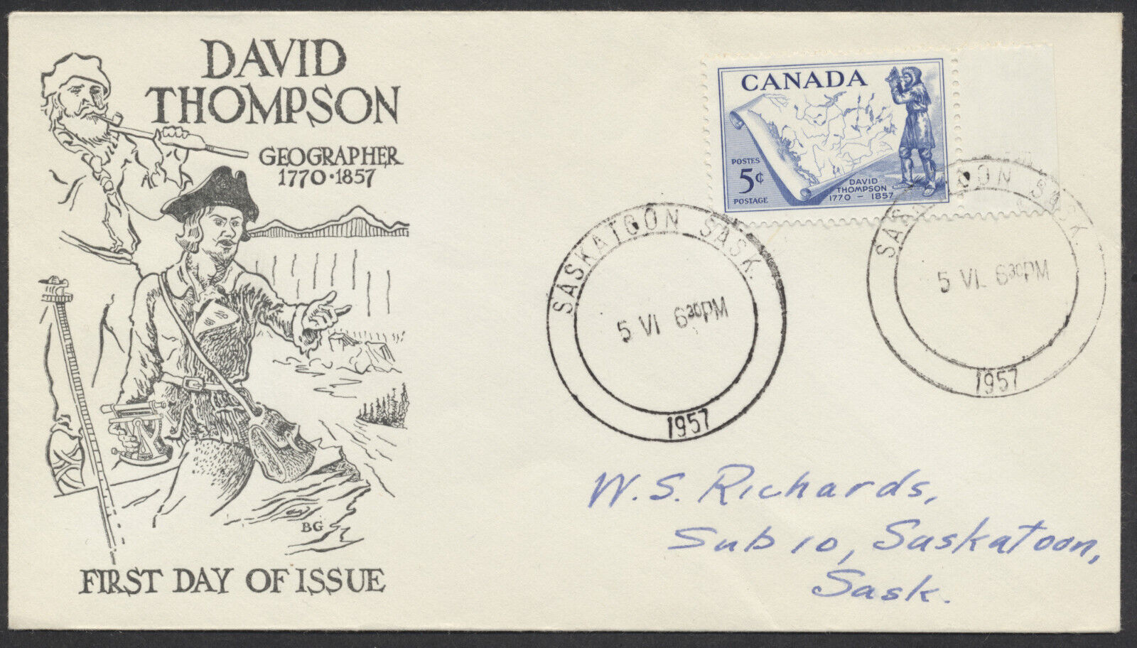 1957 #370 David Thompson FDC BG Cachet Saskatoon SASK Barrels | Canada ...