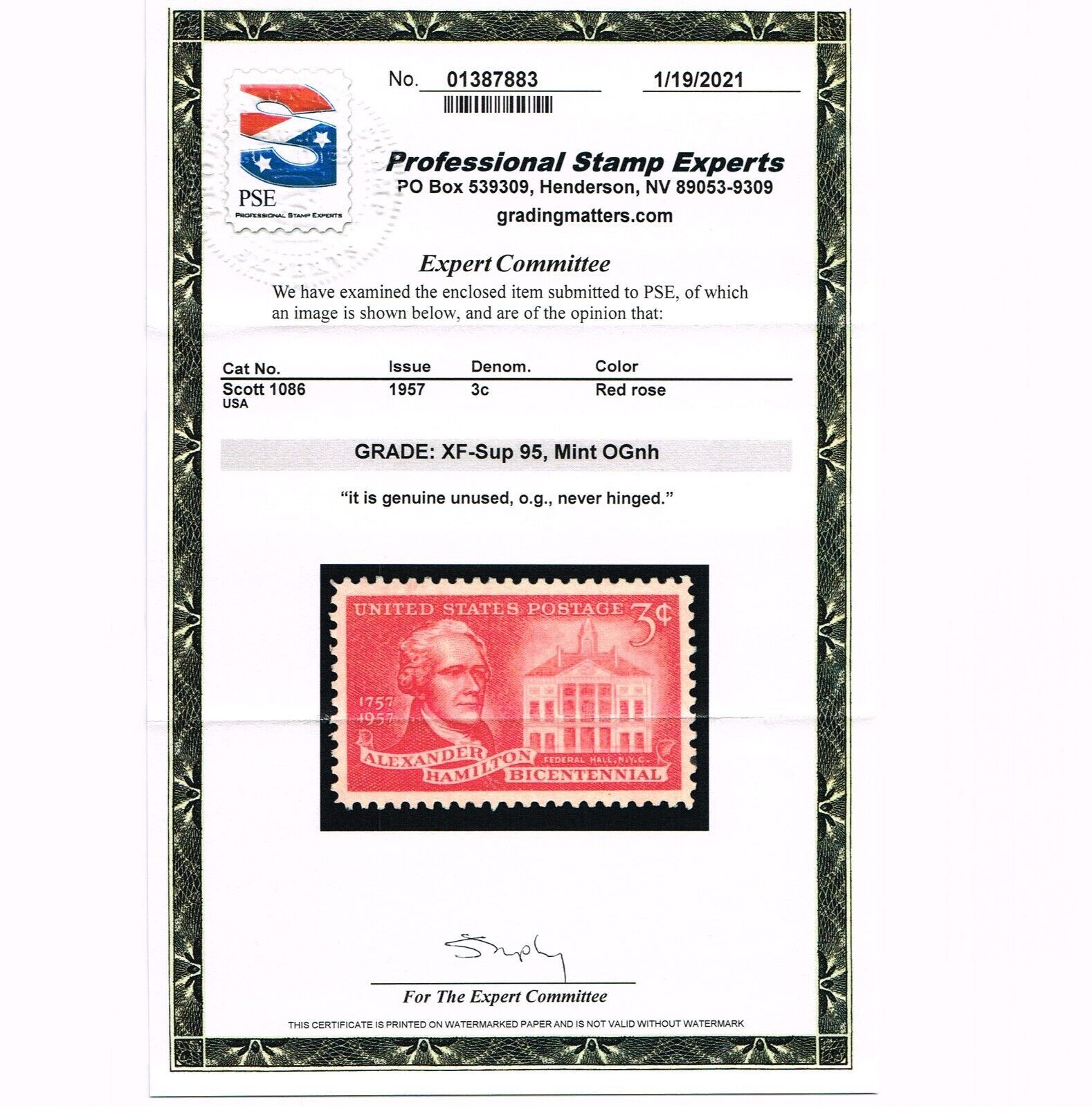 Exceptional Genuine Scott #1086 Mint Pristine OG NH PSE Cert Graded ...