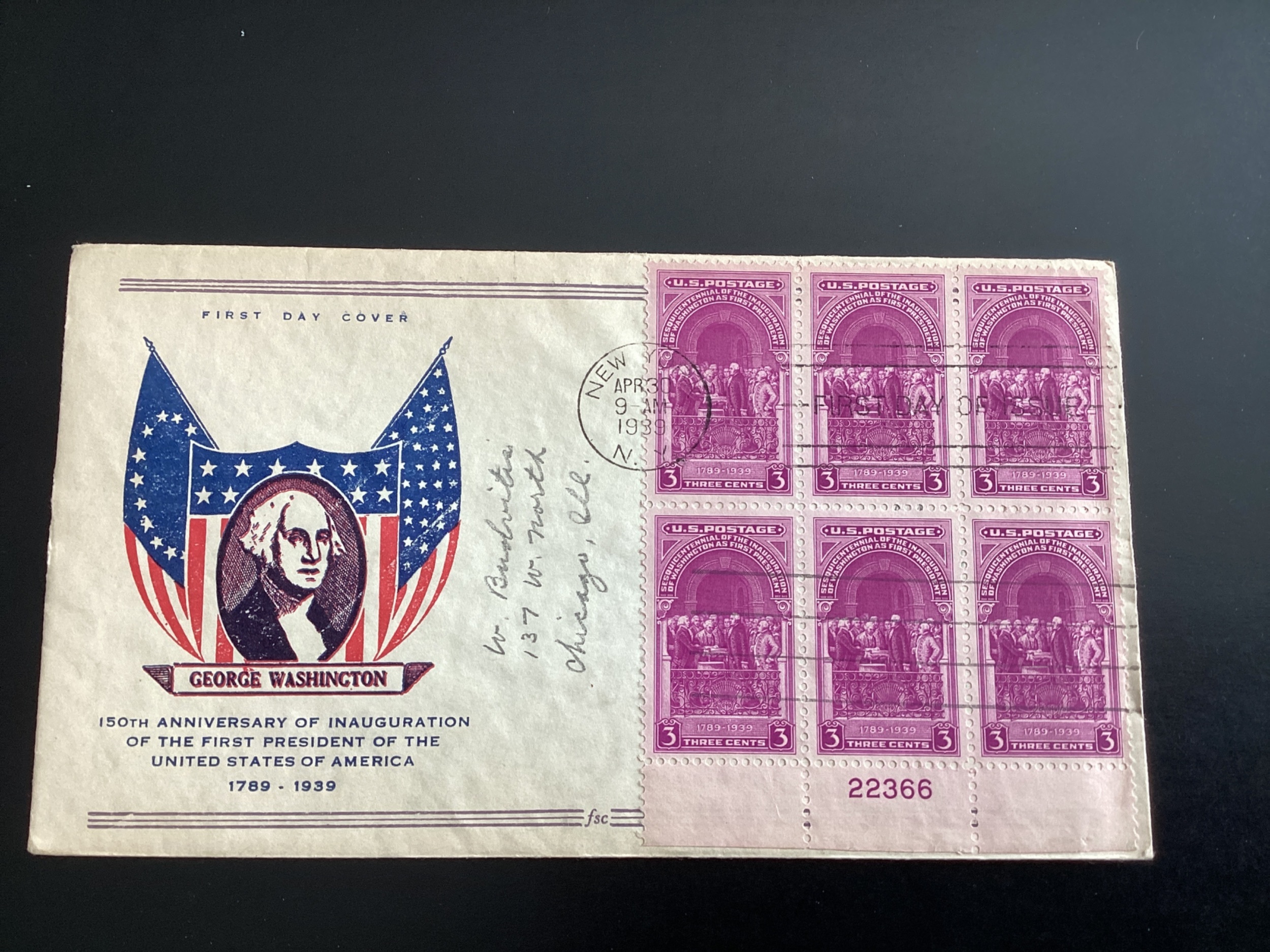 United States #854 FDC Plate block of 6 Fidelity cachet Washington ...