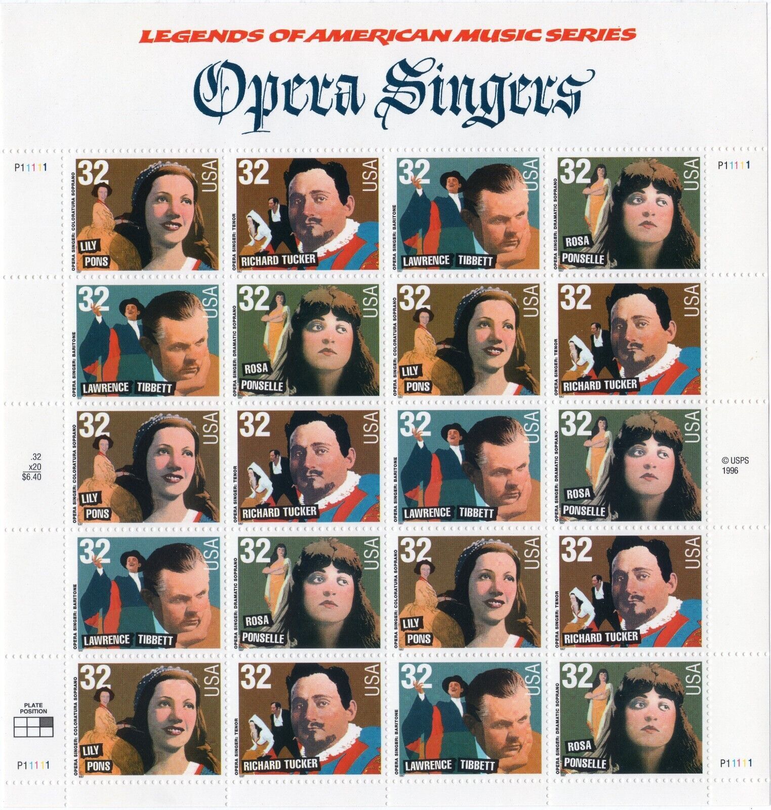 Scott #3154-3157a Opera Singers (Pons, Tucker, Tibbett, Ponselle) 20 ...