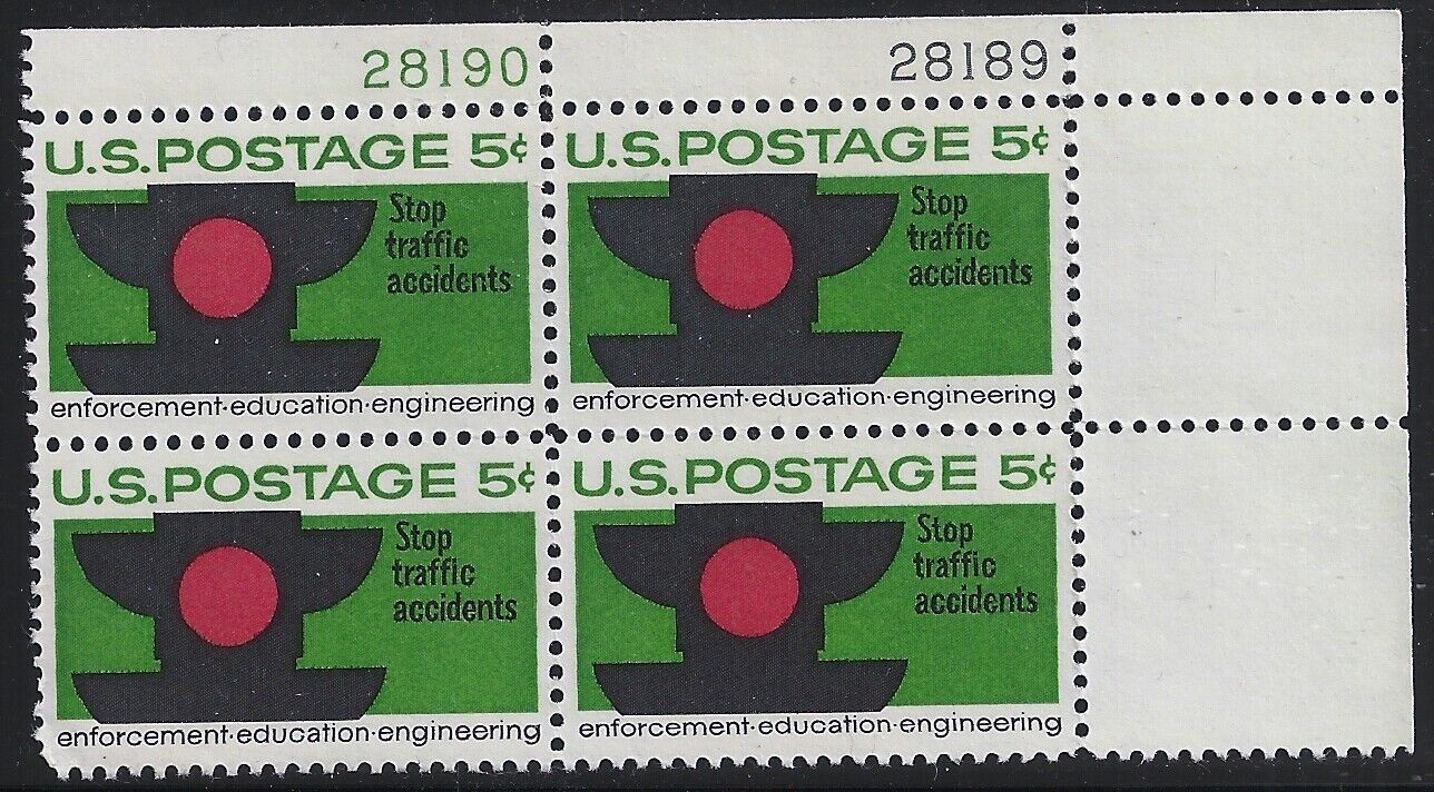 US Scott #1272, Plate Block #28190/28189 1965 Traffic 5c FVF MNH Upper ...