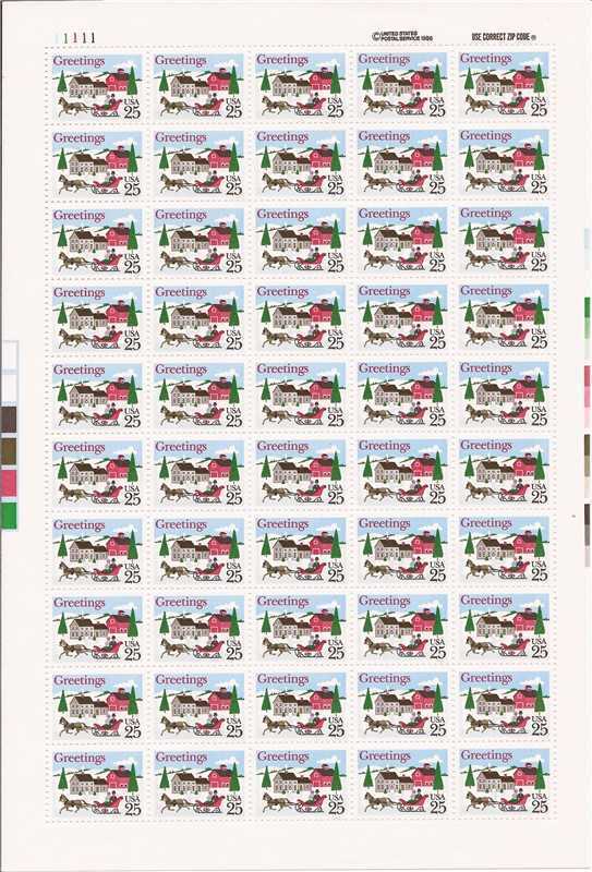 US Stamp - 1988 Christmas One Horse Sleigh - 50 Stamp Sheet #2400 ...