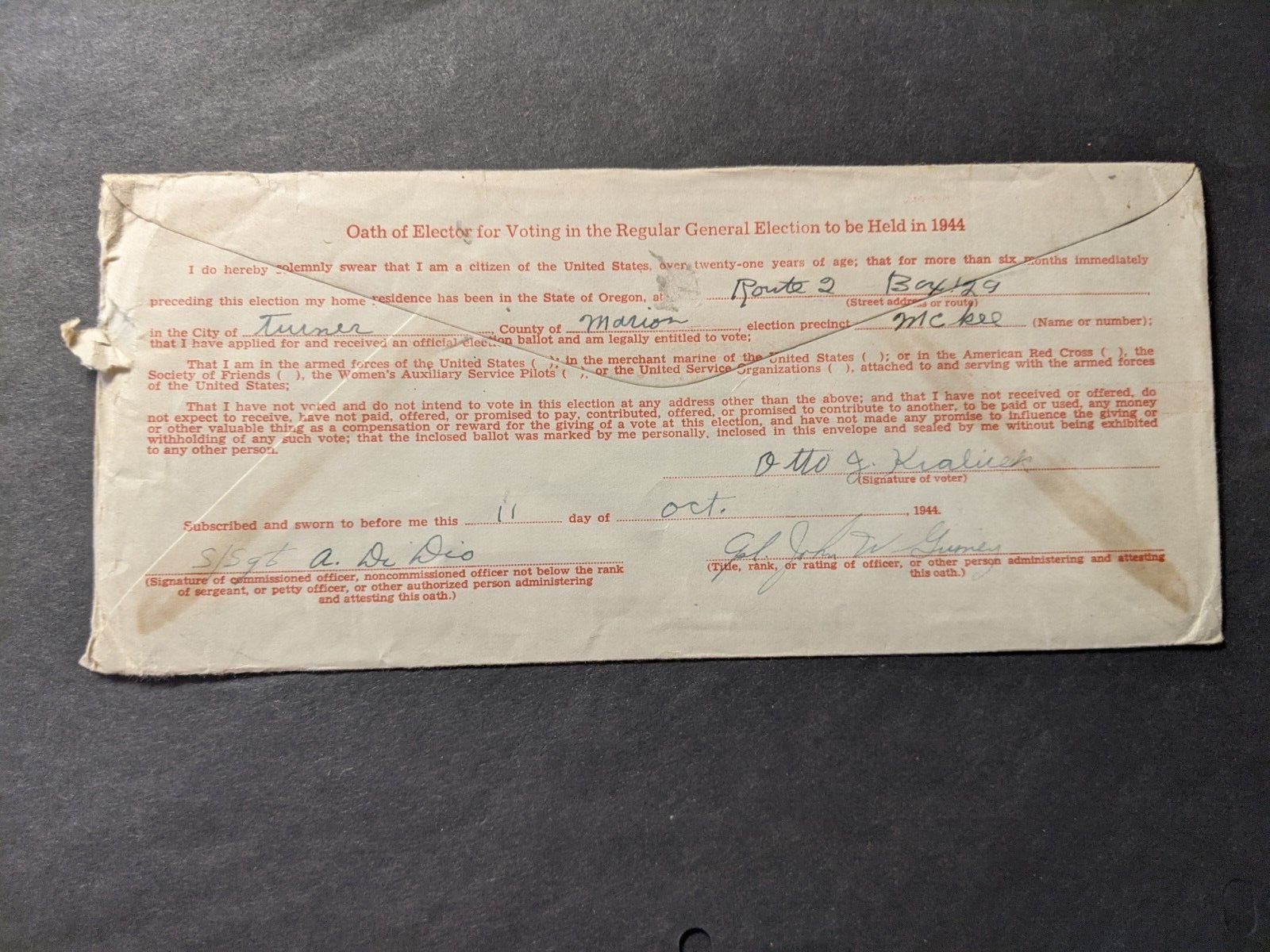APO 230 Soumanges, Belgium 1944 Army Election Ballot Cover 187th FA Bn ...