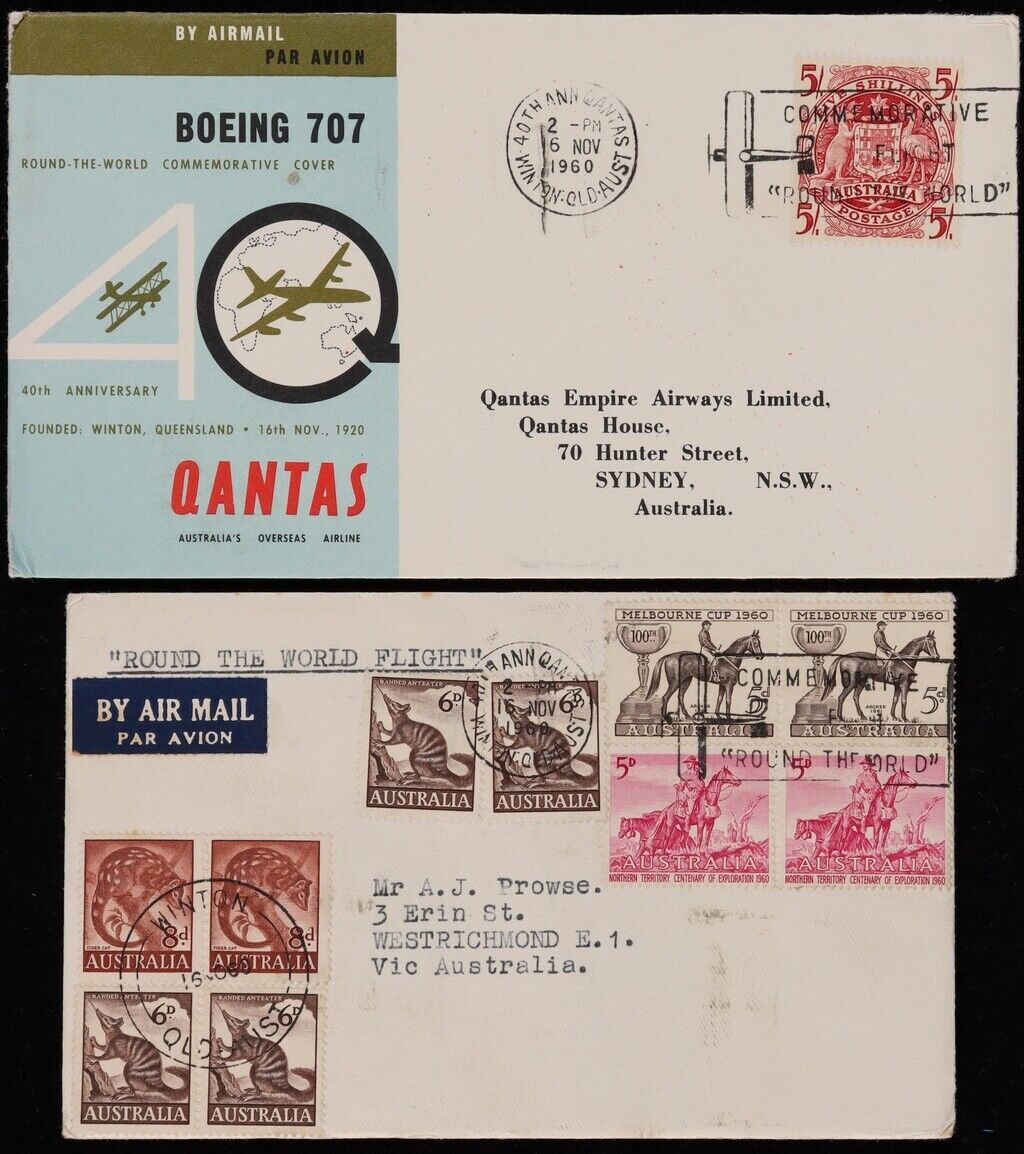 AUSTRALIA 1958 QANTAS Round the World Flight covers + 1960 cover ...